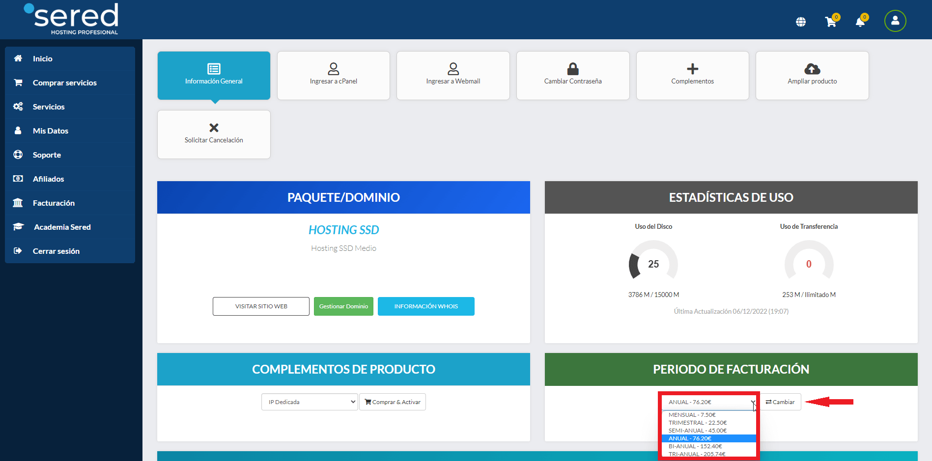 ¿Cómo cambiar el período de facturación en Sered?