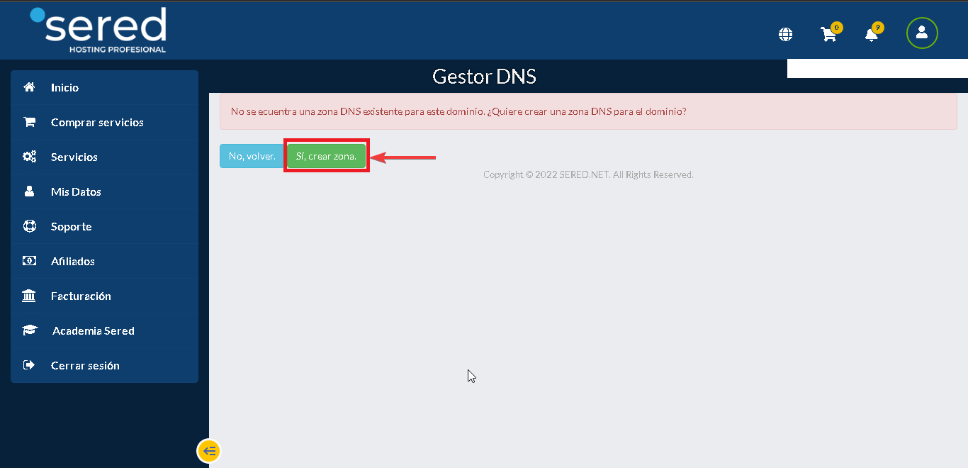 ¿Cómo crear zona DNS sin hosting en Sered?